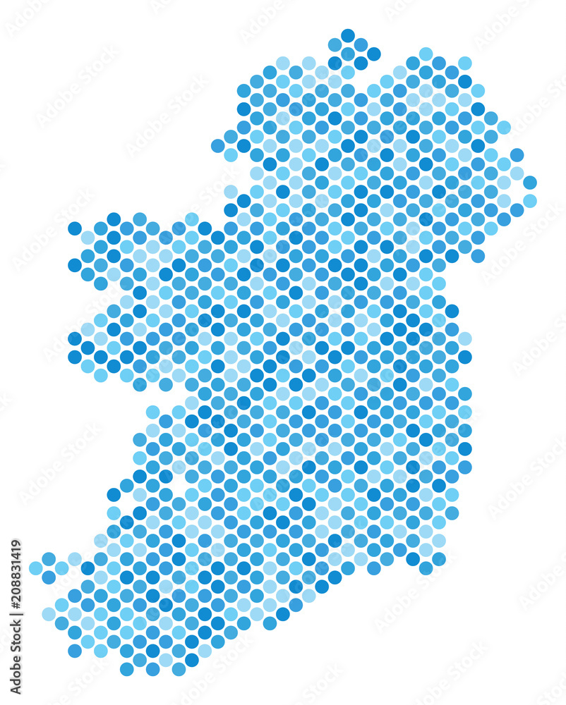 Blue circle dot Ireland Island map. Vector geographic map in cold blue ...