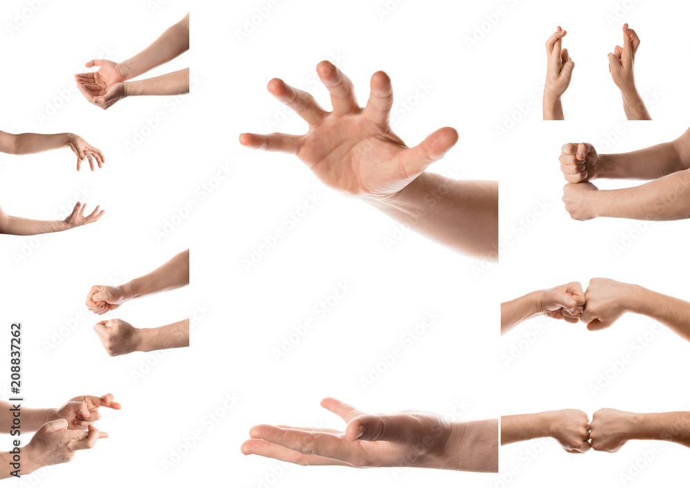 Man hand with the various gesture, open hand, pointing finger, hitting ...
