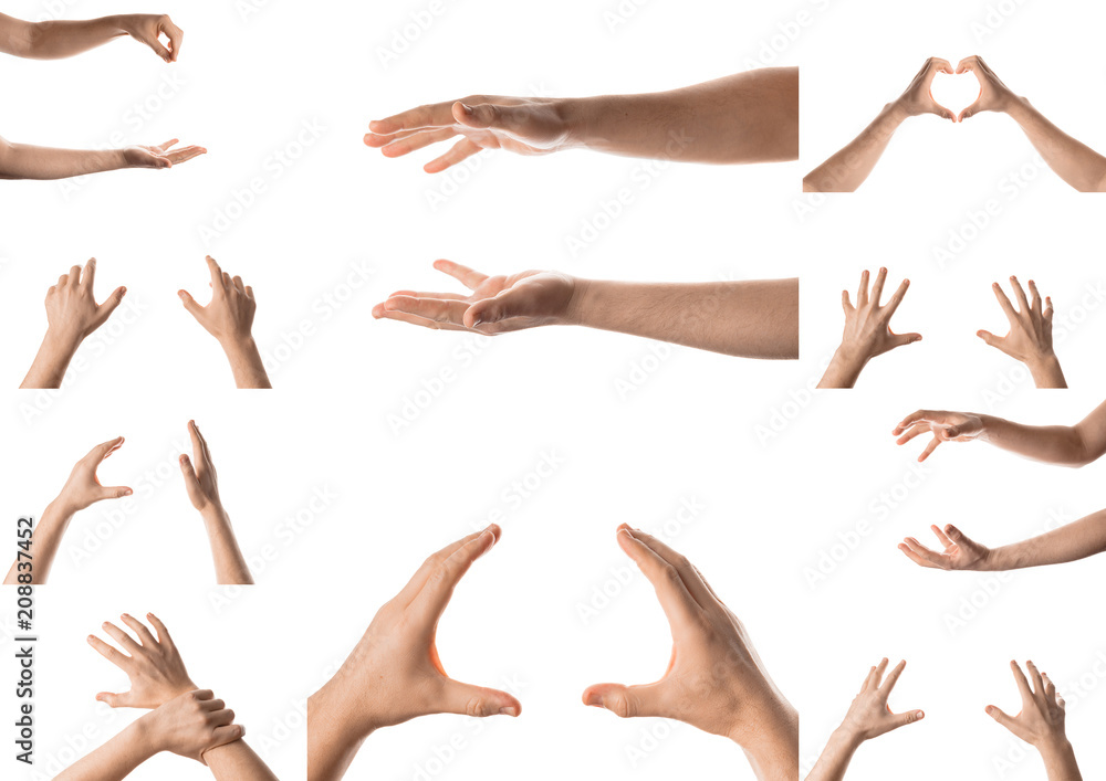 Man hand with the various gesture, open hand, pointing finger, hitting ...