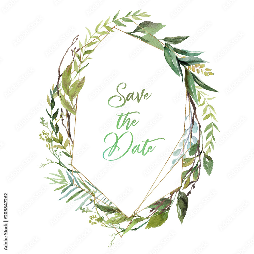 Watercolor floral illustration - leaf wreath / frame with gold ...