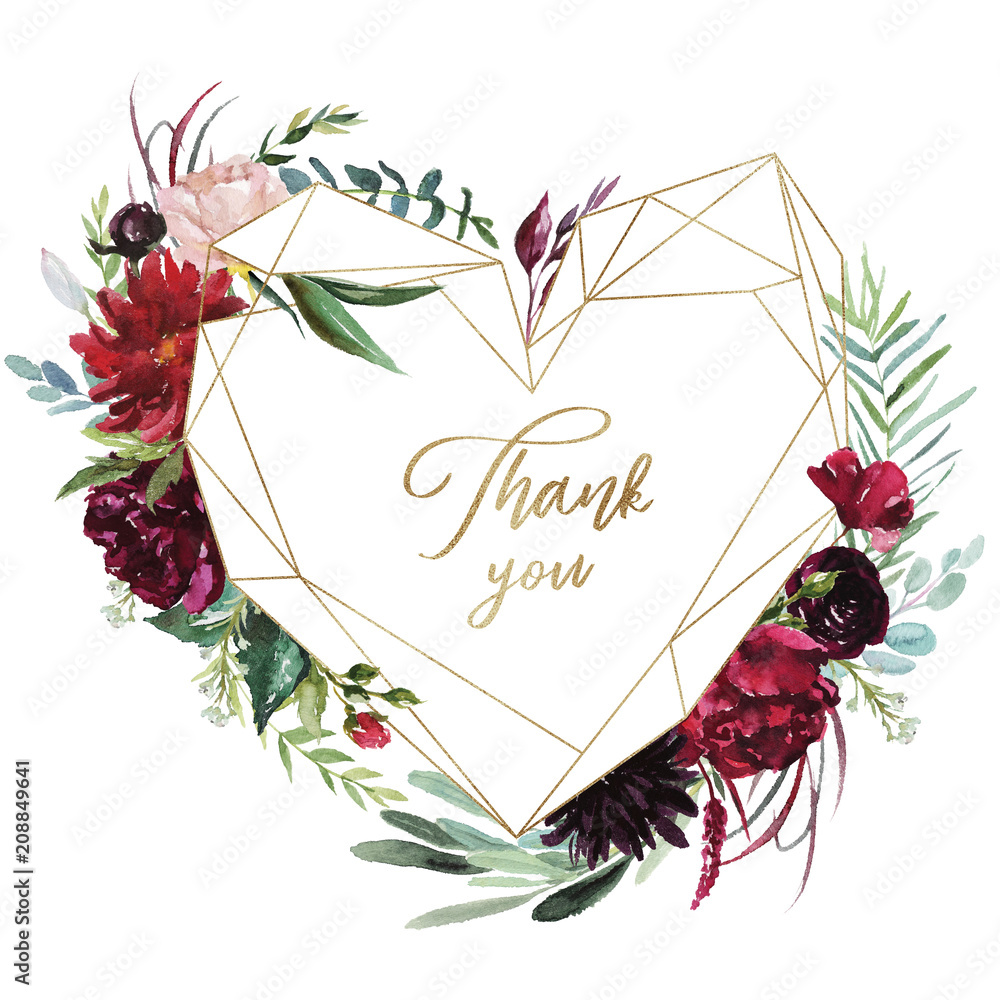 Watercolor floral illustration - burgundy flowers wreath / frame with ...