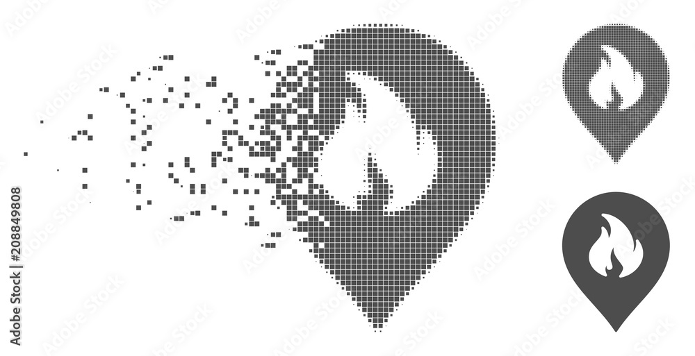 Grey vector fire marker icon in dissolved, pixelated halftone and ...