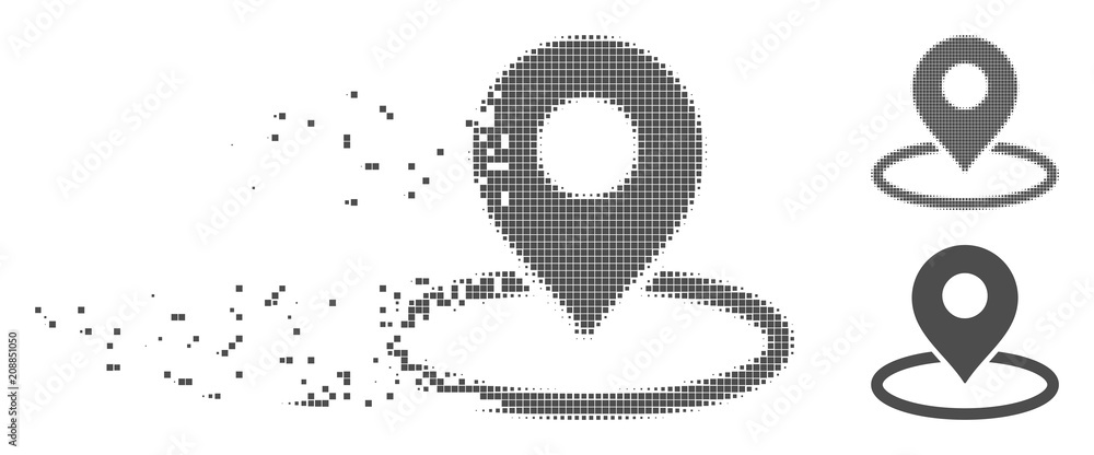 Grey vector map marker location icon in fractured, pixelated halftone ...