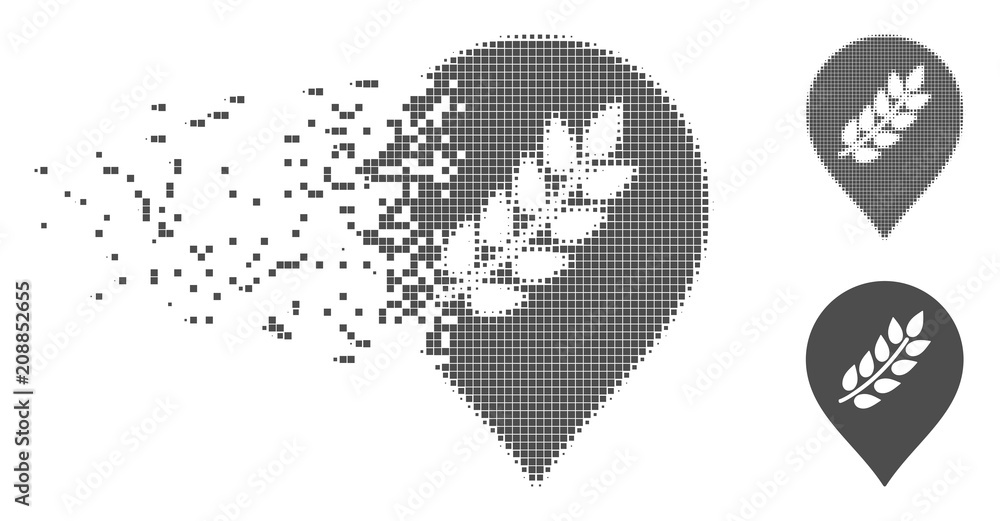 Gray vector rice plantation marker icon in dissolved, dotted halftone ...