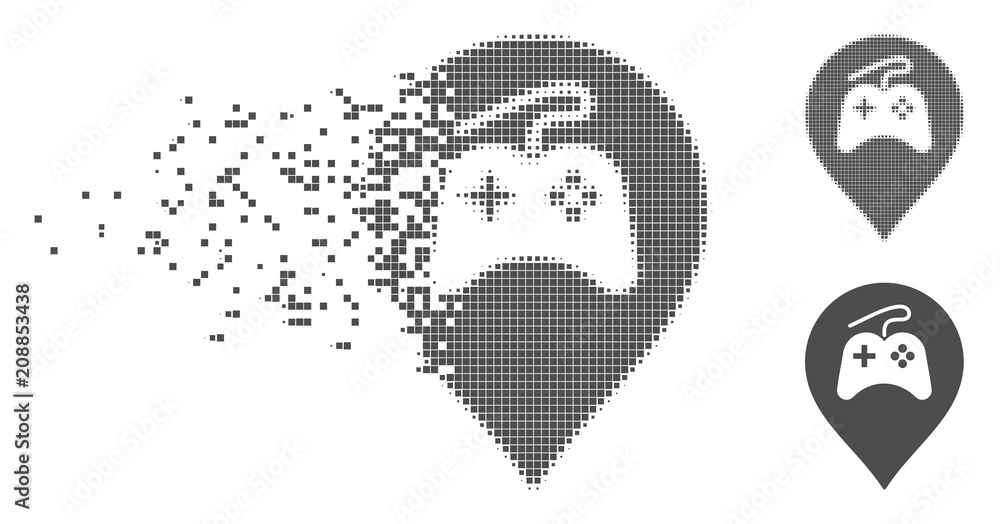 Gray vector video games marker icon in fractured, pixelated halftone ...