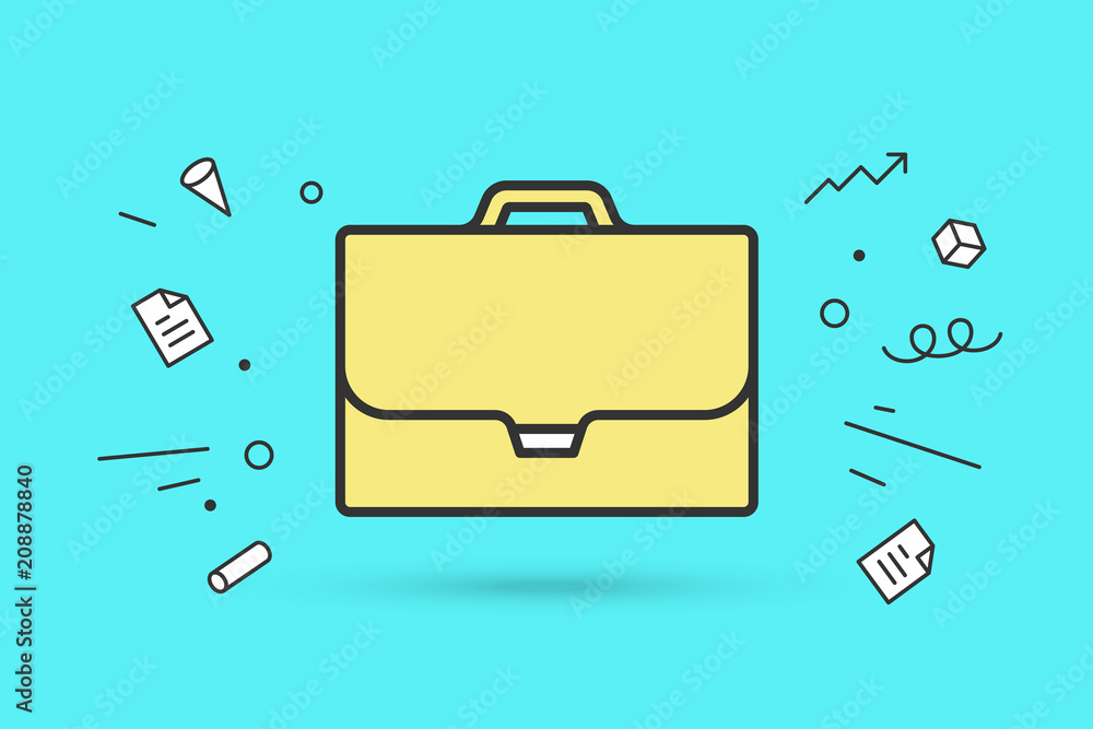 Icon of briefcase. Sign yellow briefcase on blue mint background and ...