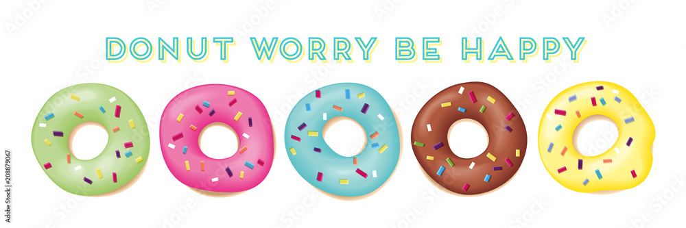 Donut. Set of sweet colorful donuts. Hand drawn design with text Donut ...