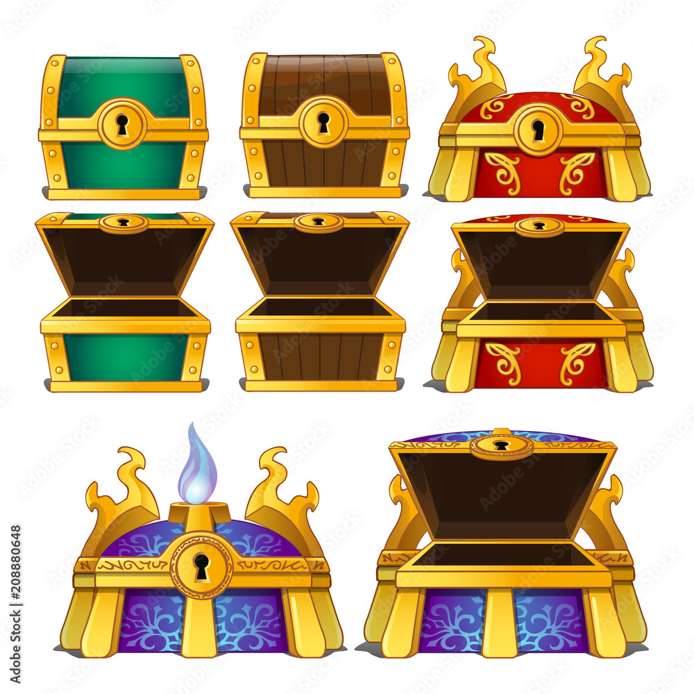 Set of closed and opened colored chests isolated on white background ...