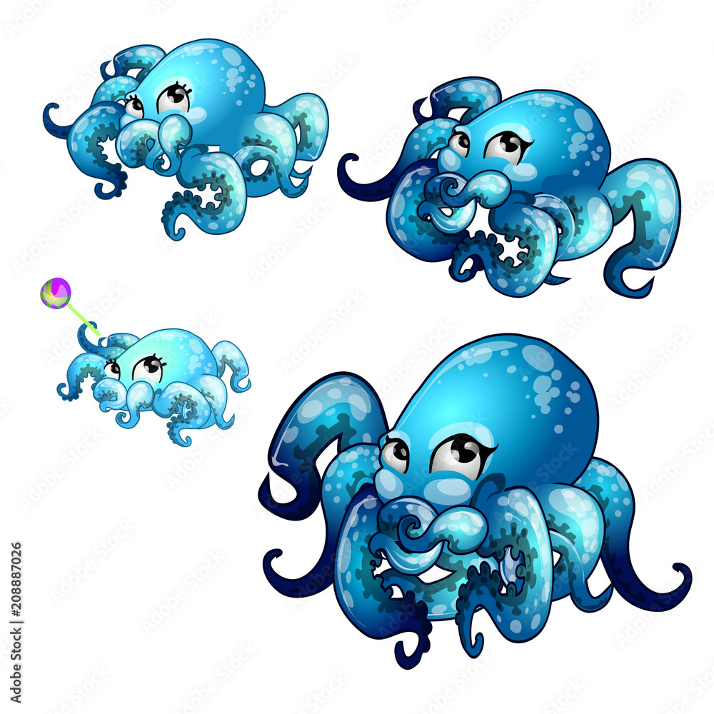 Set of stages of growth of animated octopus isolated on white ...