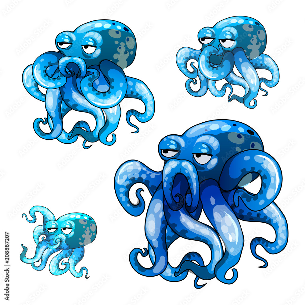 Set of stages of growth of animated octopus isolated on white ...