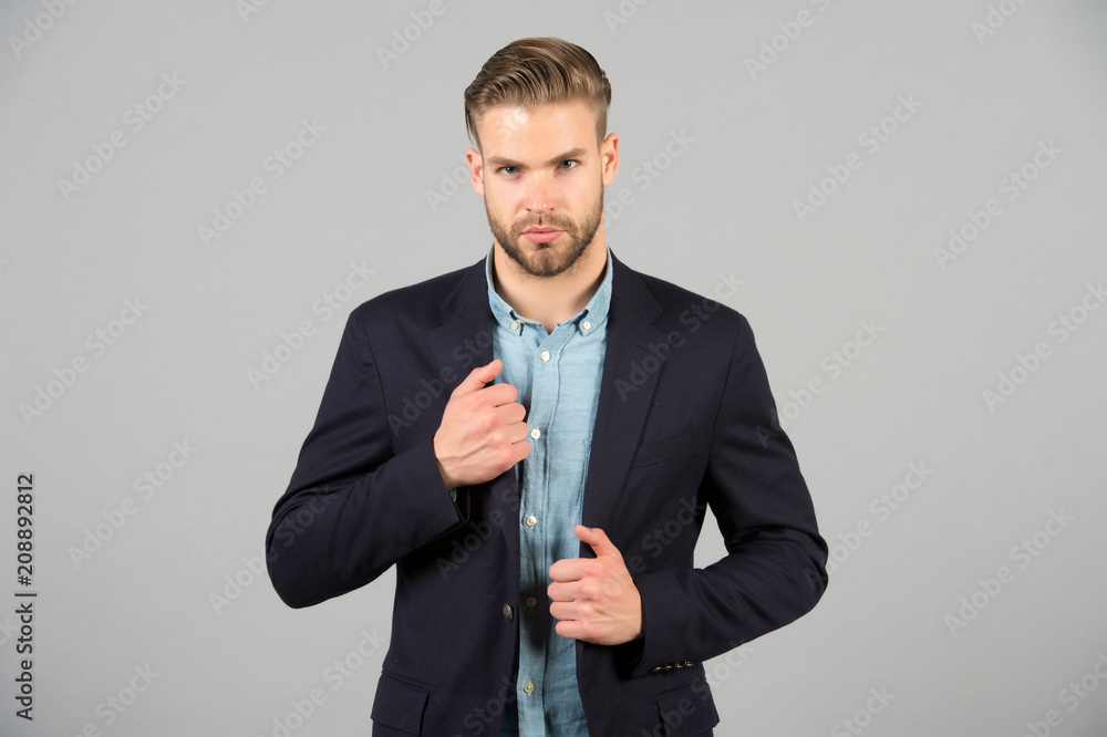 Formal menswear concept. Man bearded strict face wears formal clothes ...