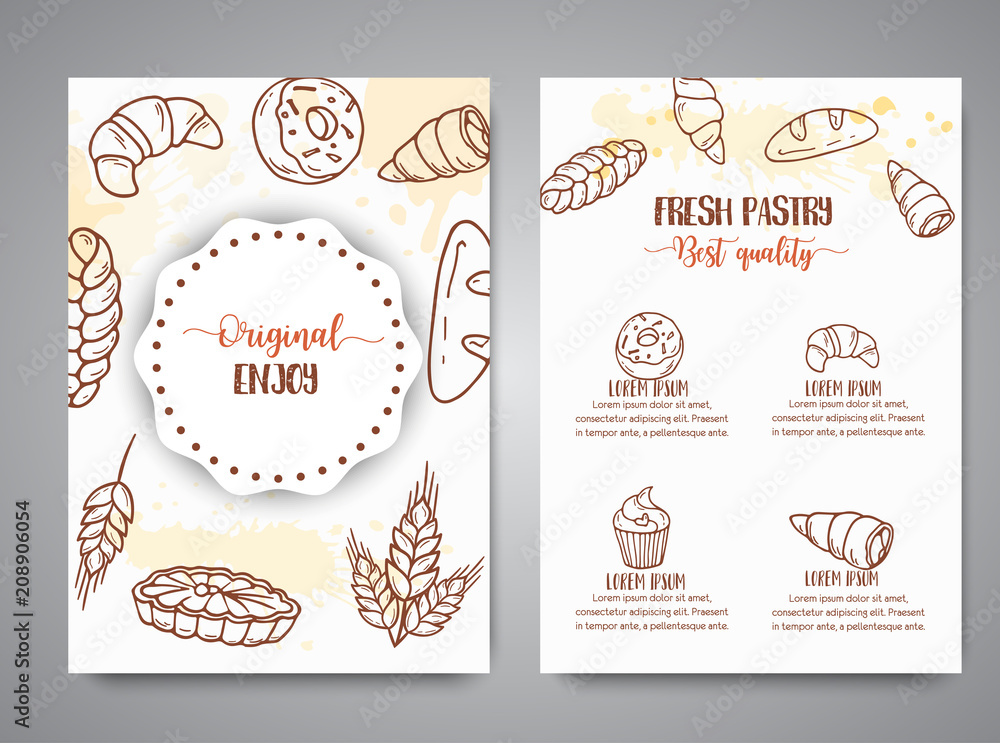 Bakery vintage brochure with sketch pastries, sweets, desserts, cake ...