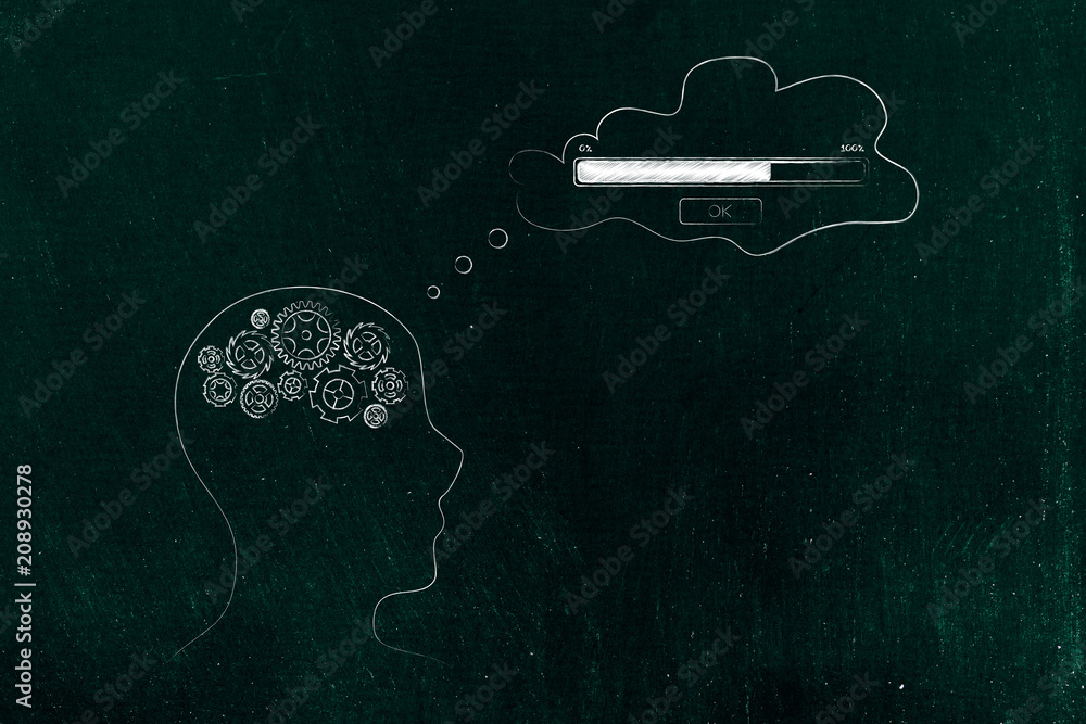 person with gearwheel mind and comic bubble with progress bar loading ...