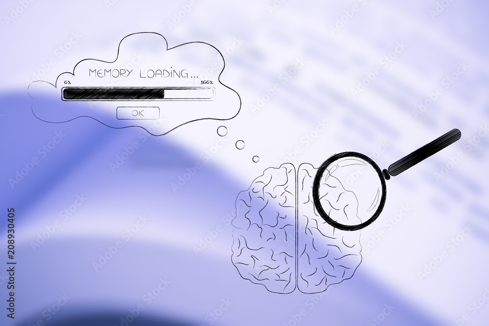 brain with magnifying glass on it and comic bubble with Memory Loading ...