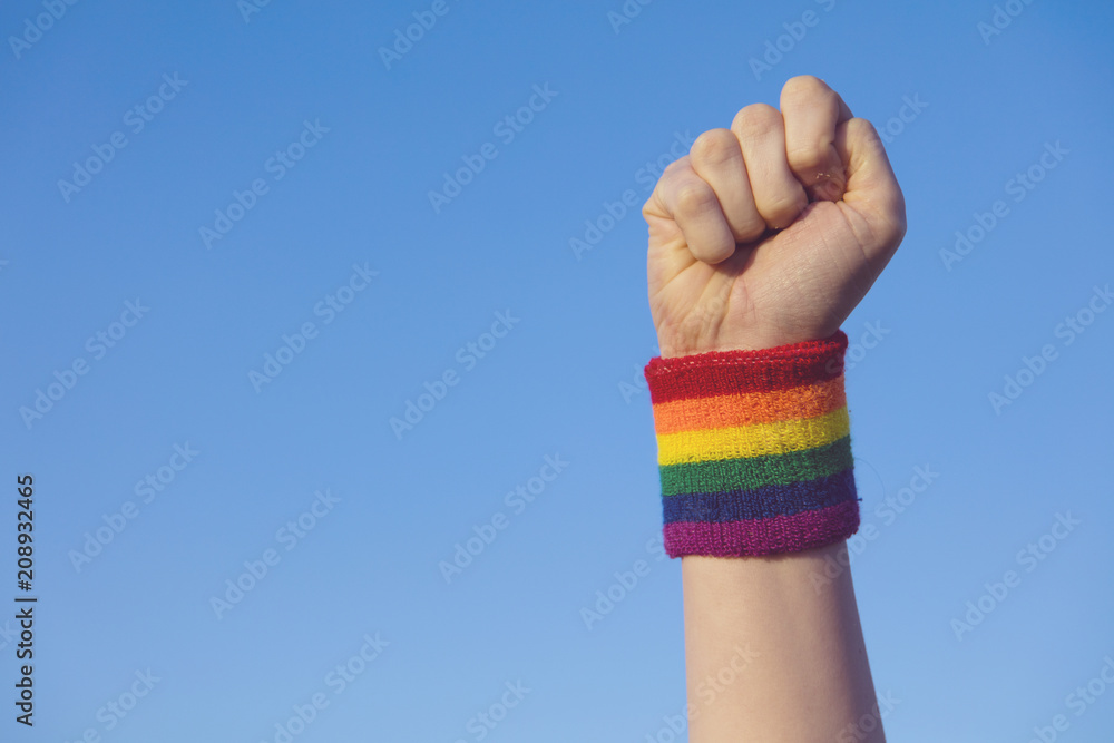 Gay pride concept. Hand making a fist sign with gay pride LGBT rainbow ...