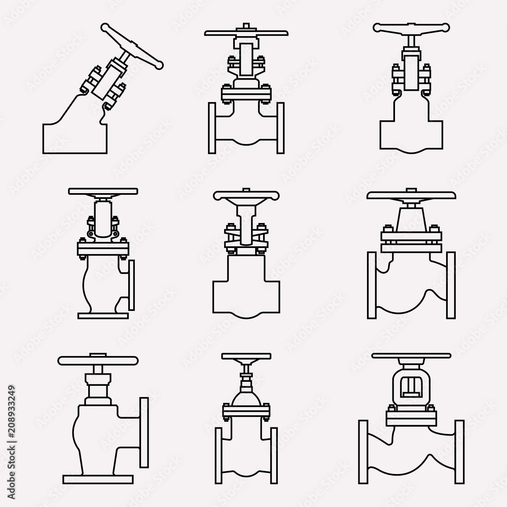Set of various forms of industrial valves. Thin line vector Stock ...