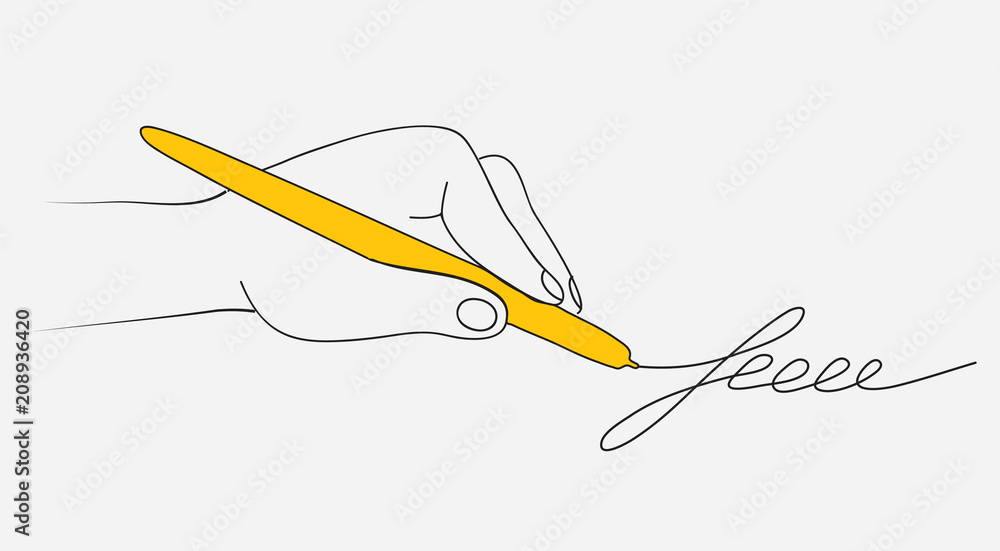 Hand holding a yellow pen. Hand drawn signature. Vector flat linear ...