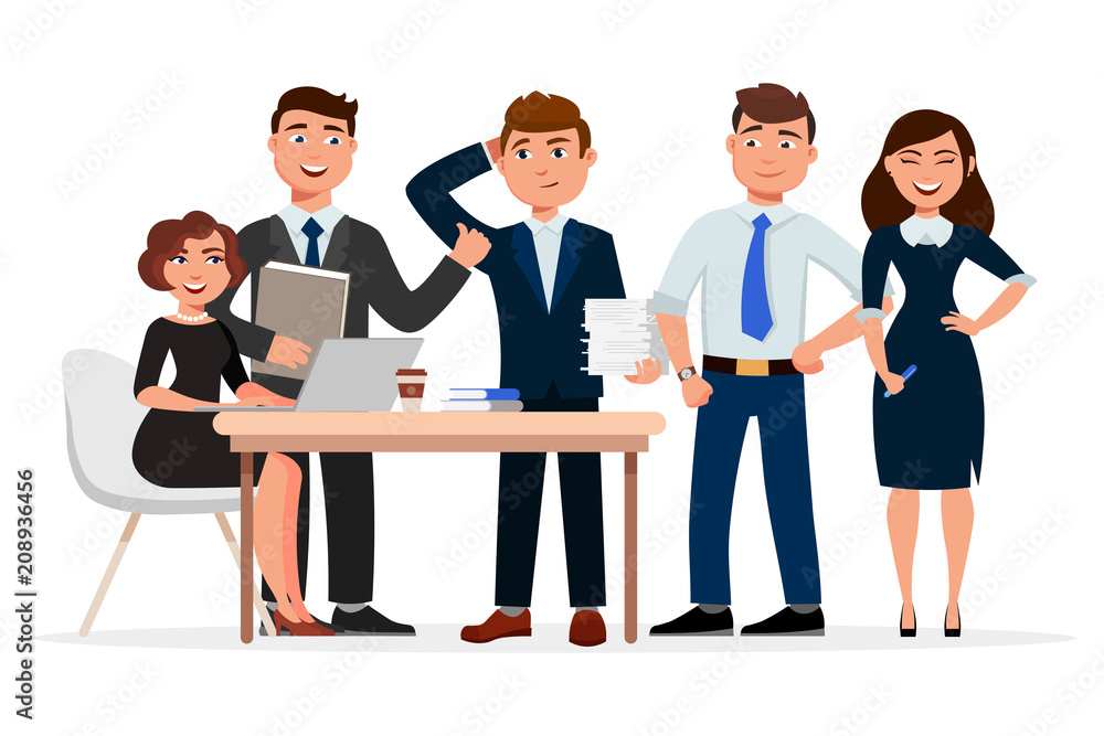 Vetor de Set of cheerful business people cartoon characters. Colleagues ...