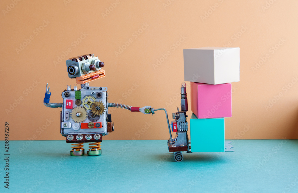 Robotic logistic delivery service concept. Robot moving big container ...