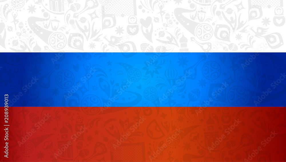 Russian flag color abstract banner with sports, soccer ball, award cup ...