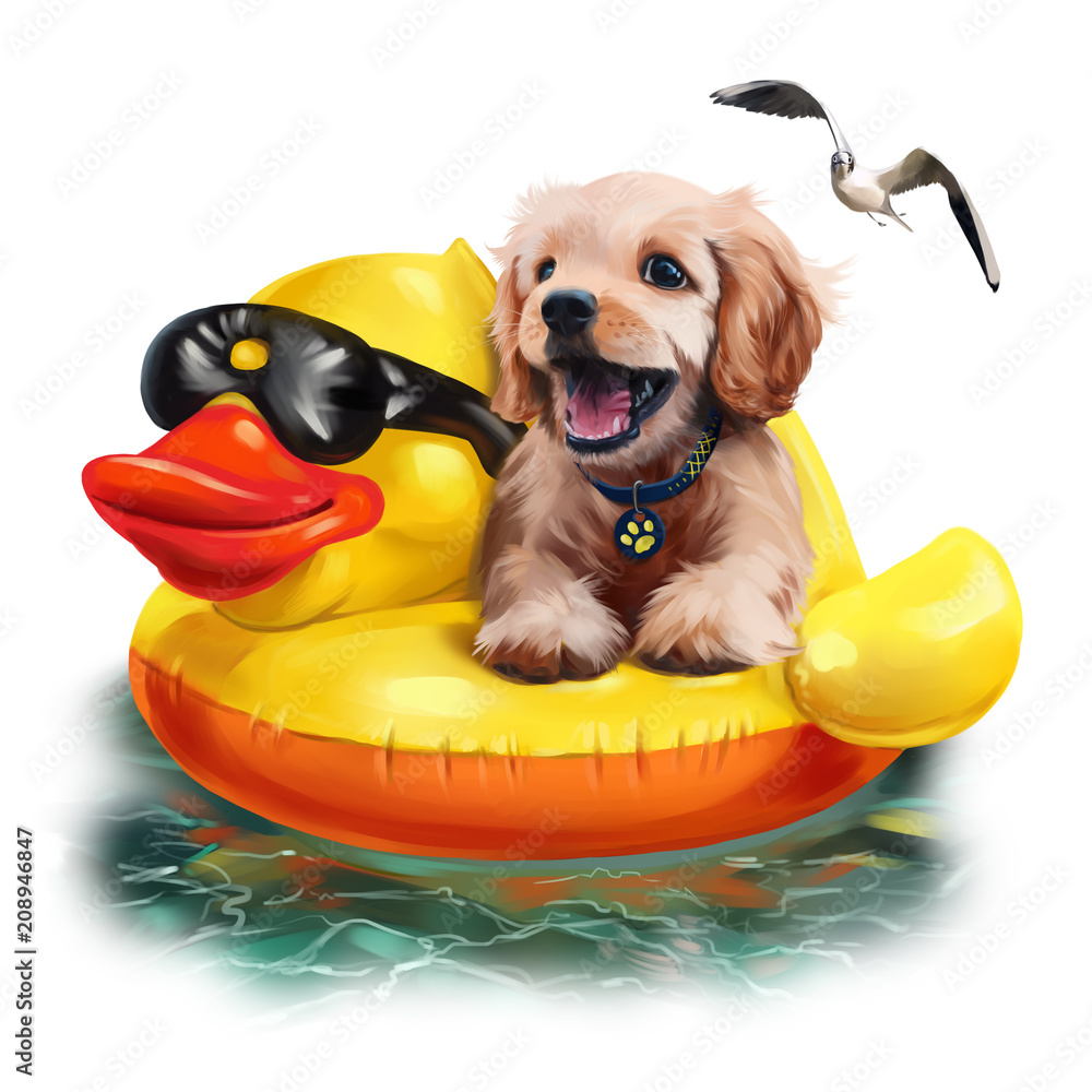 Puppy floats on an inflatable duck watercolor drawing Stock ...