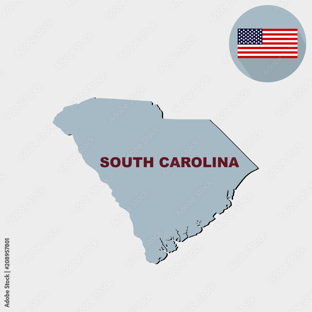 Map of the U.S. state of South Carolina. American flag, state name ...