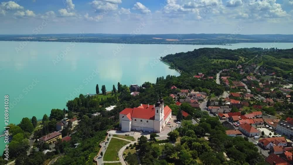 Tihany, Hungary - 4K flying around semi circle of Benedictine Monastery ...