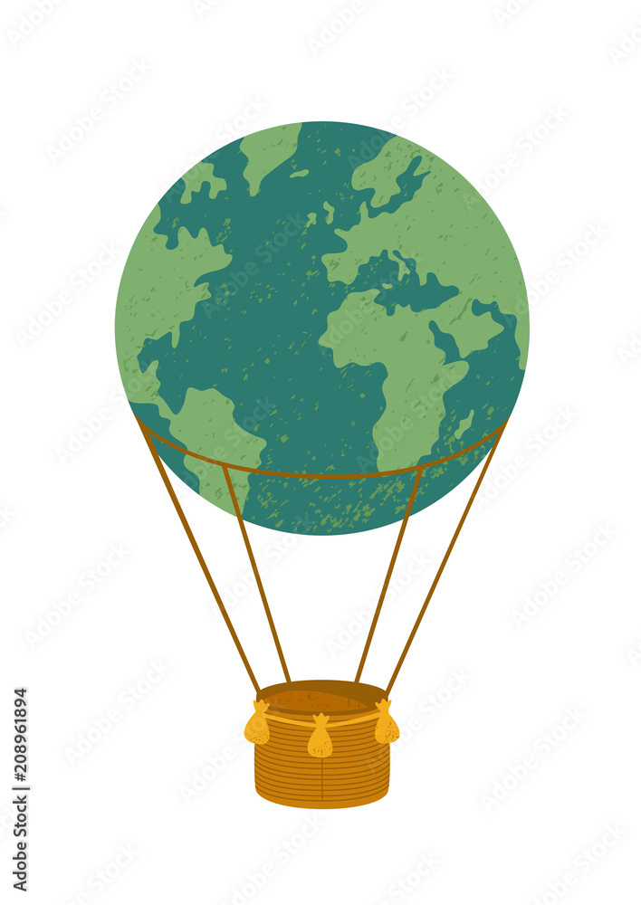 Earth as hot air balloon isolated on white background. Color flat ...