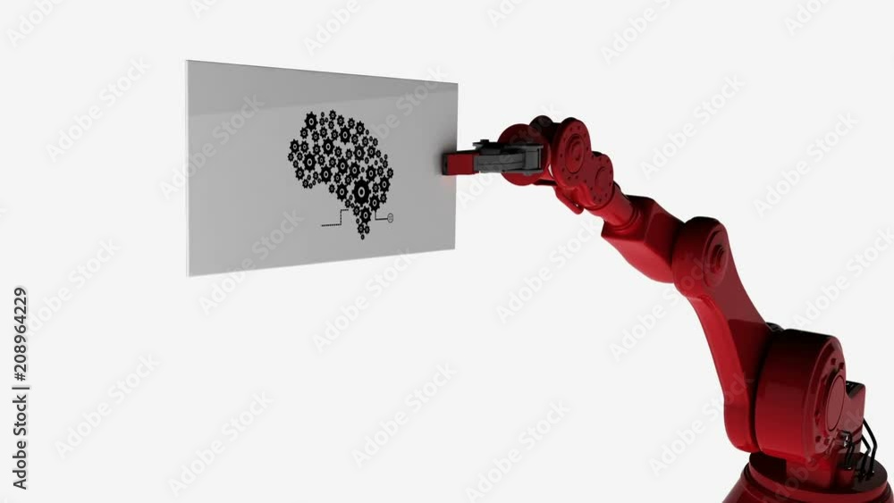 Digitally generated video of robotic arm holding card with diagram of ...