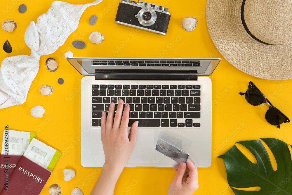 Booking and payment travel online concept, top view, flat lay. Woman ...