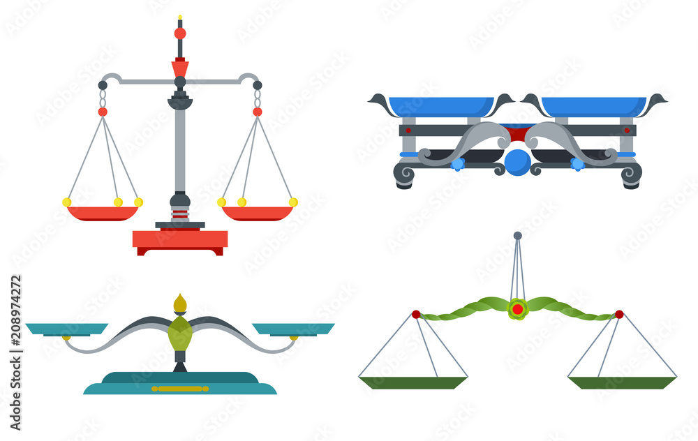 Balance scales with weight and equal pans. Device to measure mass ...