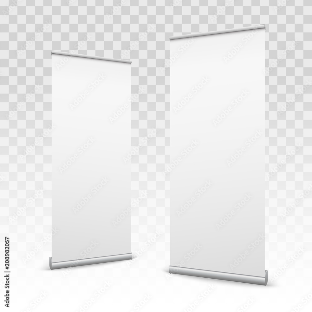 Creative vector illustration of empty roll up banners with paper canvas ...