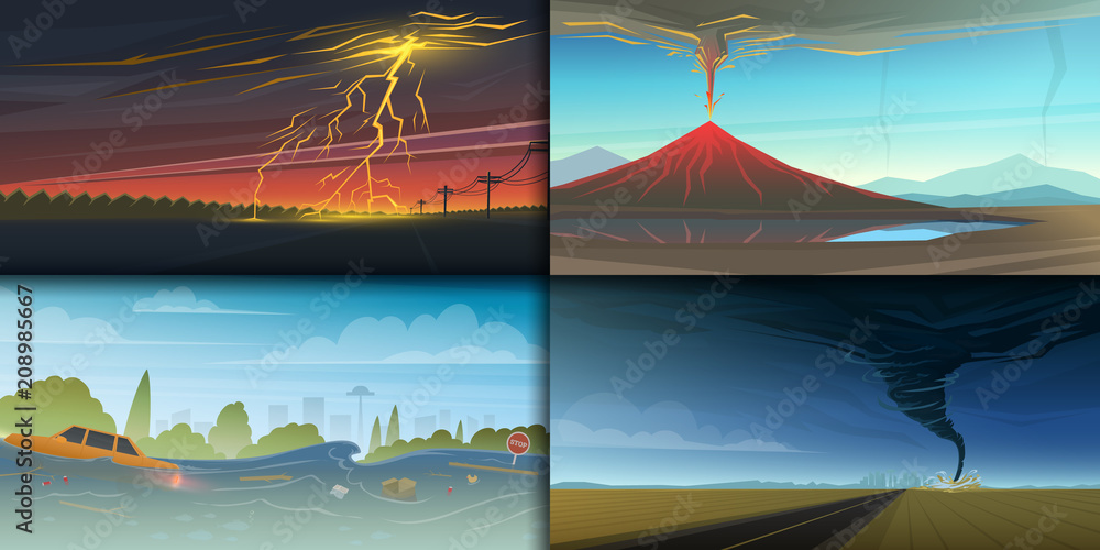 Set of natural disaster or cataclysms. Catastrophe and crisis ...