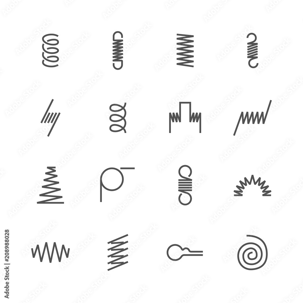 Metal spring flat line icons. Variety of flexible coil, elastic steel ...