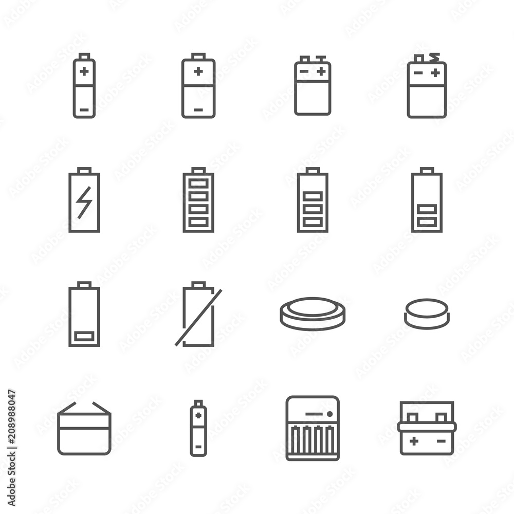 Battery flat line icons. Batteries varieties illustrations - aa ...