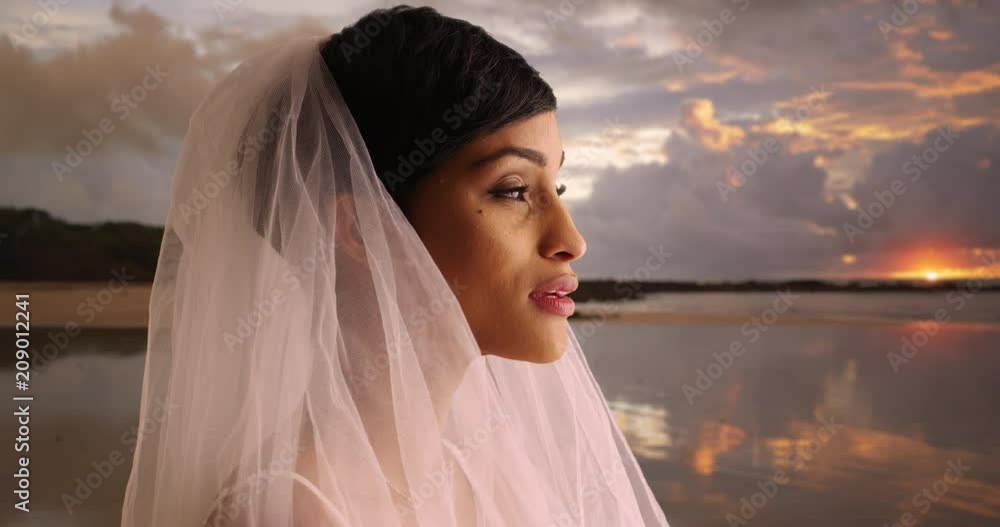 Side view of gorgeous bride on the beach, joyful and excited, Black ...