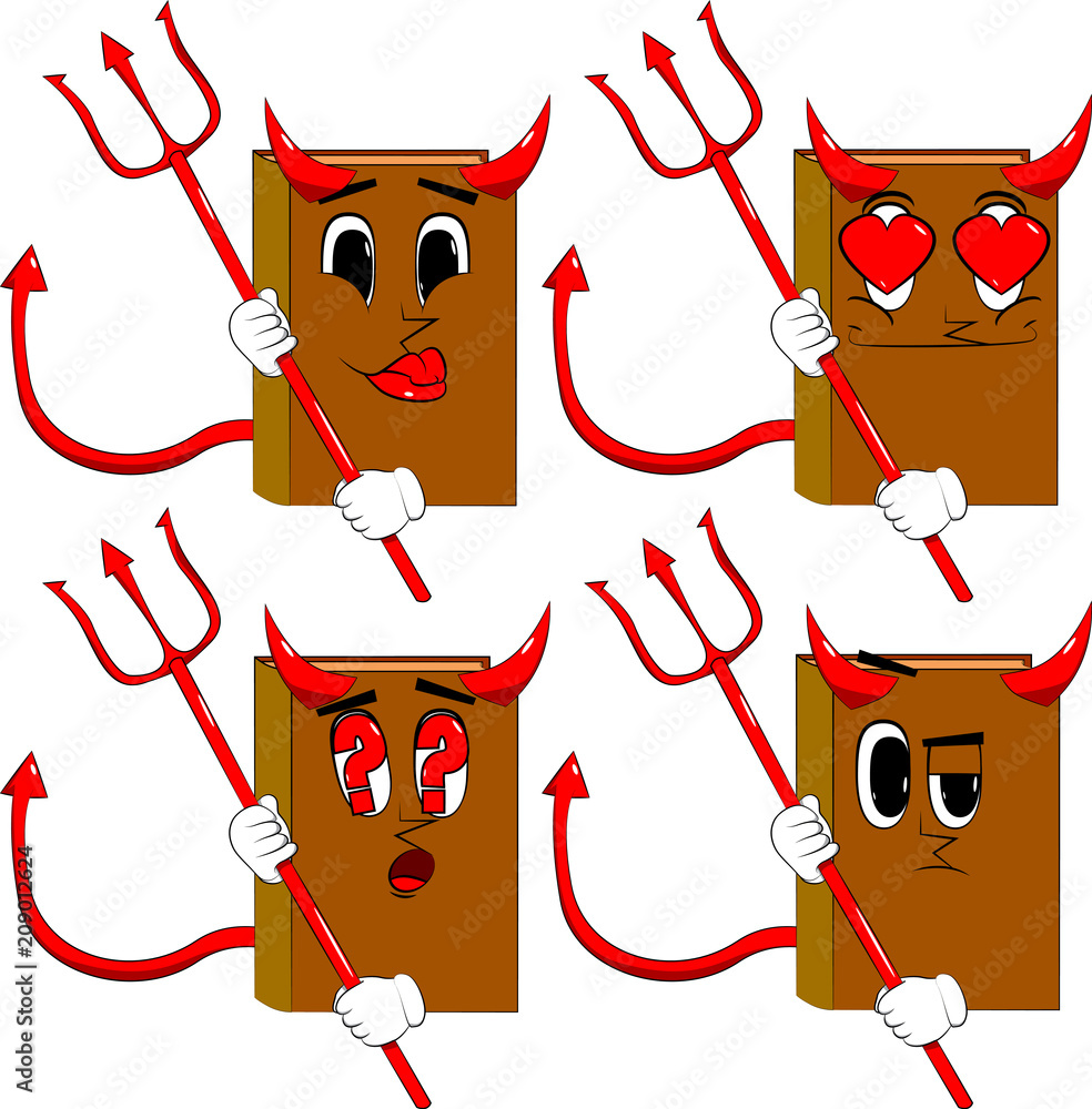 Books devil with pitchfork. Cartoon book collection with various faces ...