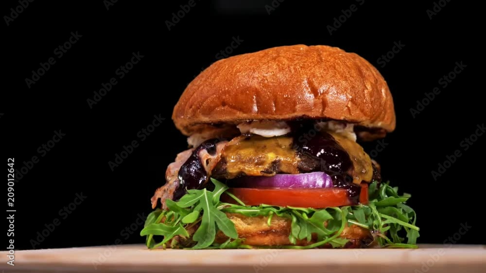 Cool beautiful fresh juicy cooked burger rotate on turntable. Very ...