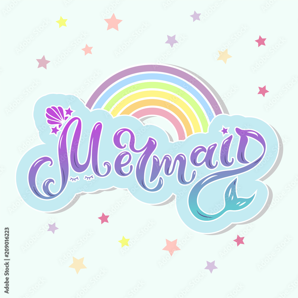 Mermaid text as cloud with rainbow as logotype, badge, patch, icon ...