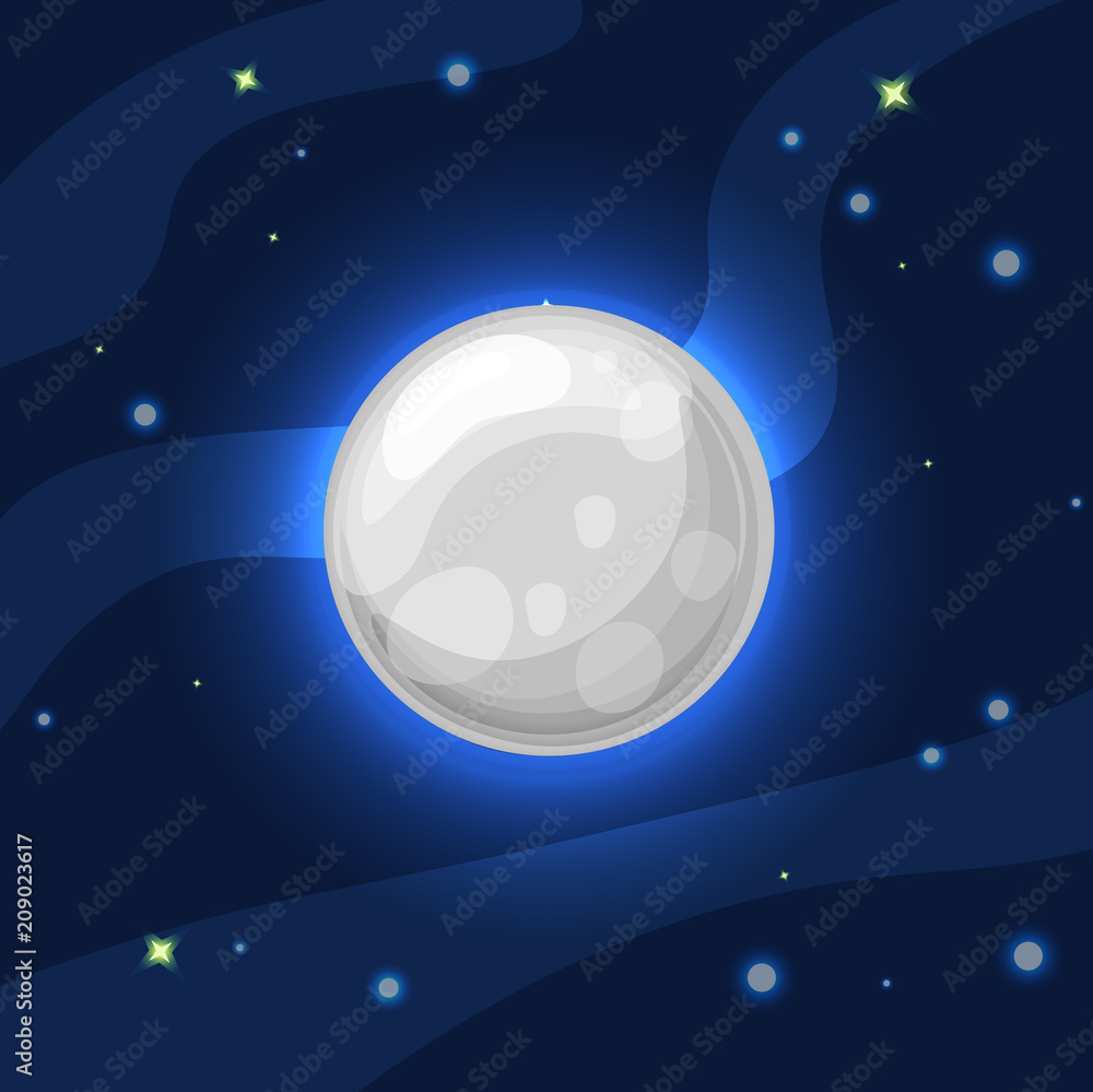 Vector grey and blue moon in deep dark blue space with cartoon glow ...