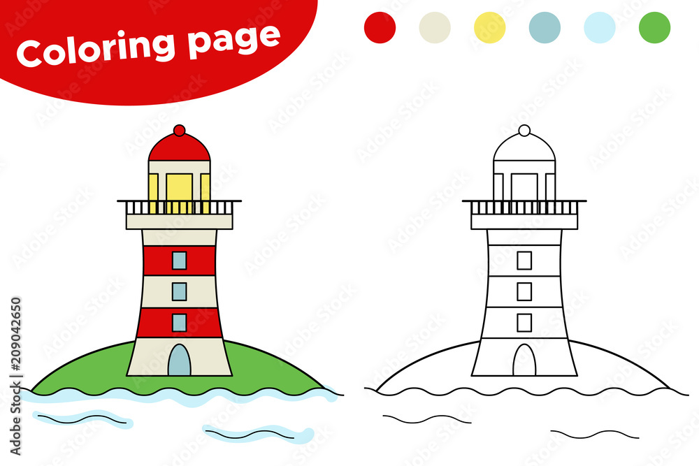 Educational game for children. Cartoon lighthouse coloring page. Vector ...