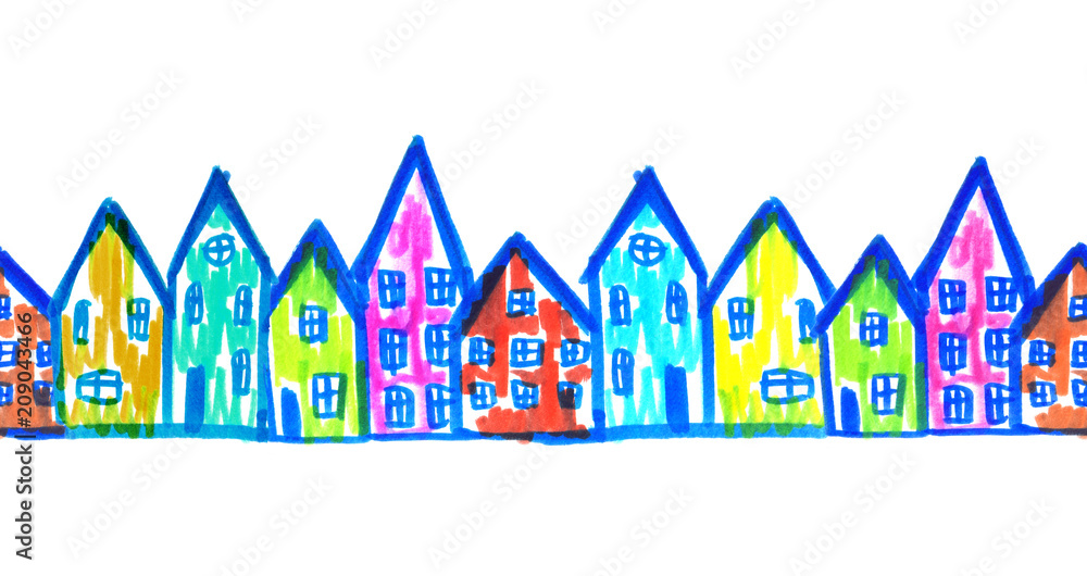 Seamless pattern border with a row of cute colorful houses painted in ...