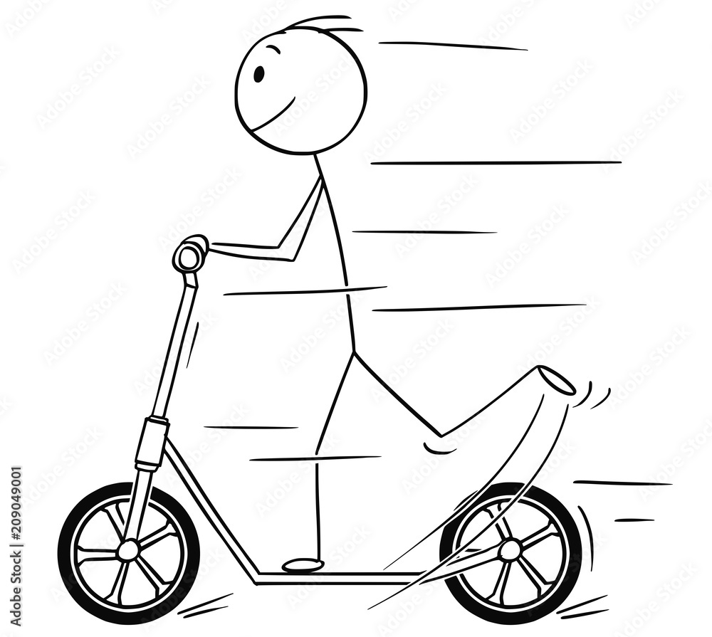 Cartoon stick drawing illustration of man or boy riding the scooter ...