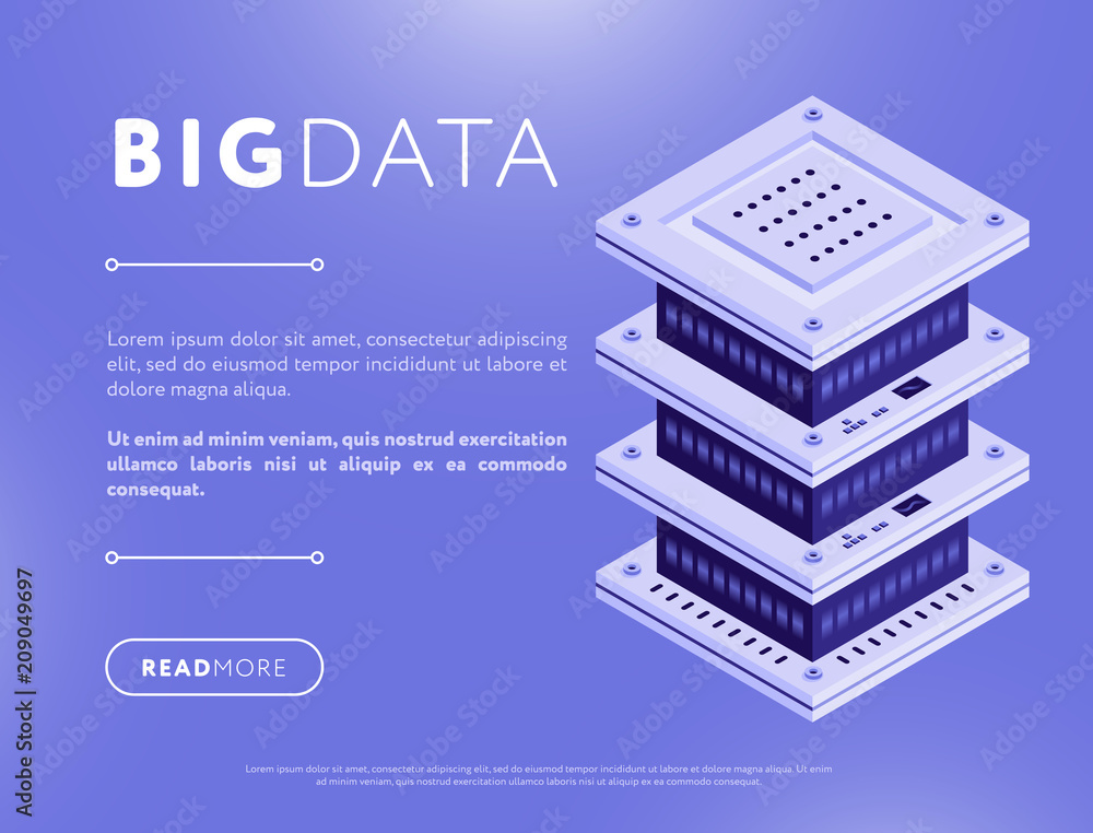 Colorful webpage design with isometric tower of big data network server ...