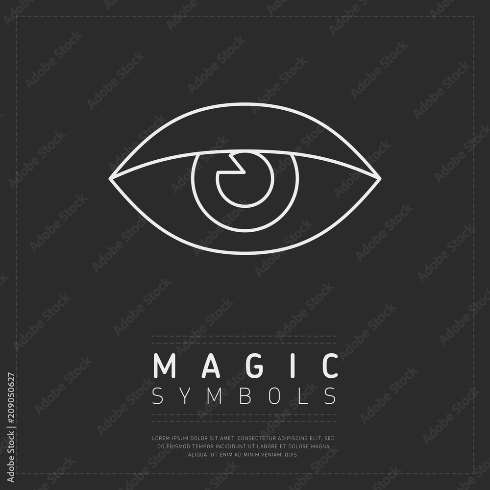 Linear white esoteric symbol of eye placed on gray poster with label ...