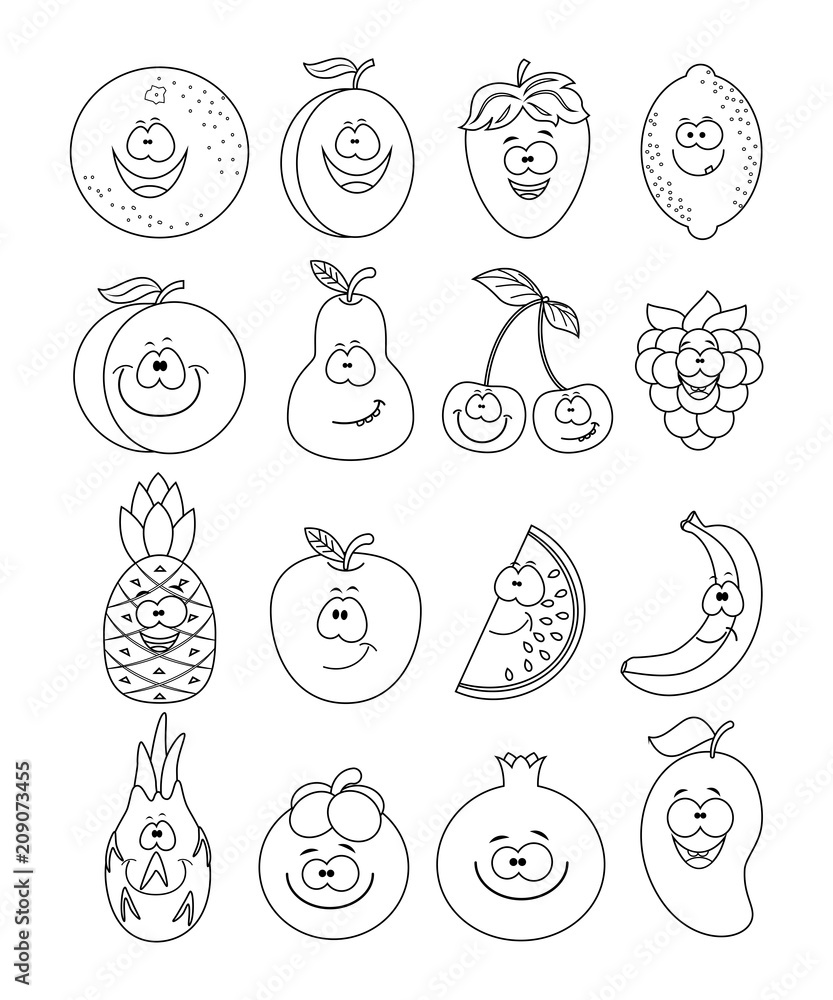 Colorless set of different fruits. Peach, lemon, watermelon, c Stock ...