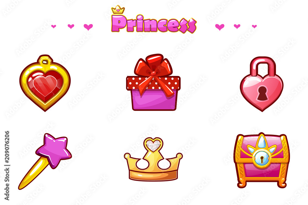 Cartoon set Princess Icons, girlish game assets Stock Vector | Adobe Stock