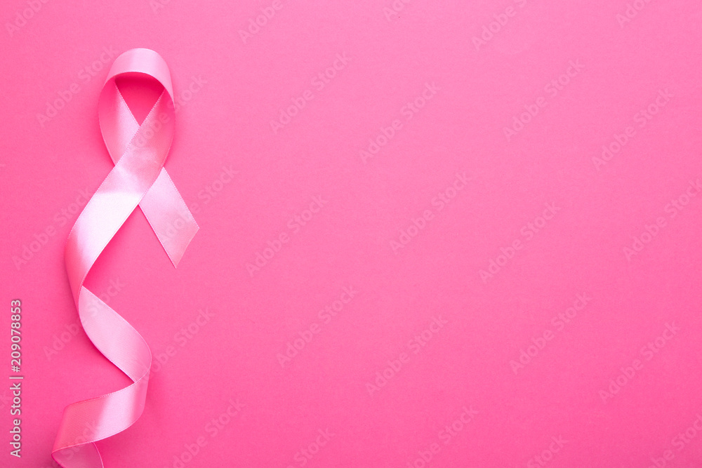 Pink ribbon on color background. Breast cancer concept Stock Photo ...