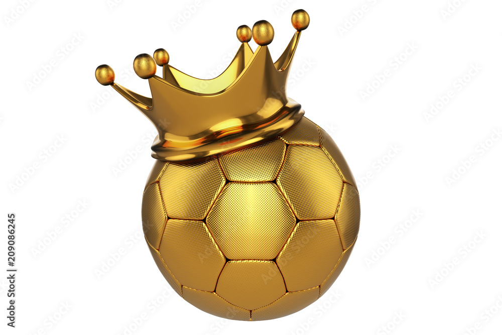 3d rendering of the golden football with a king crown on top, isolated ...