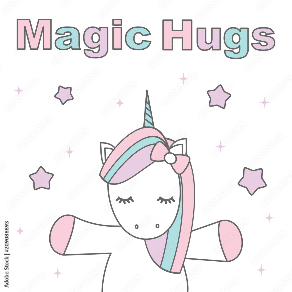 cute cartoon vector magic hugs card with unicorn and stars Stock Vector ...